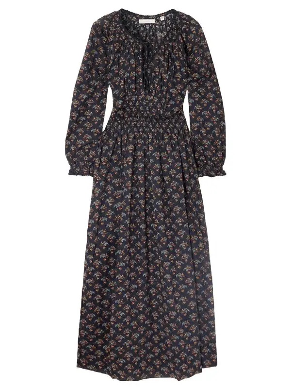DÔEN Delfina Shirred Floral-print Organic Cotton-voile Midi Dress - Delphinium Chinensis