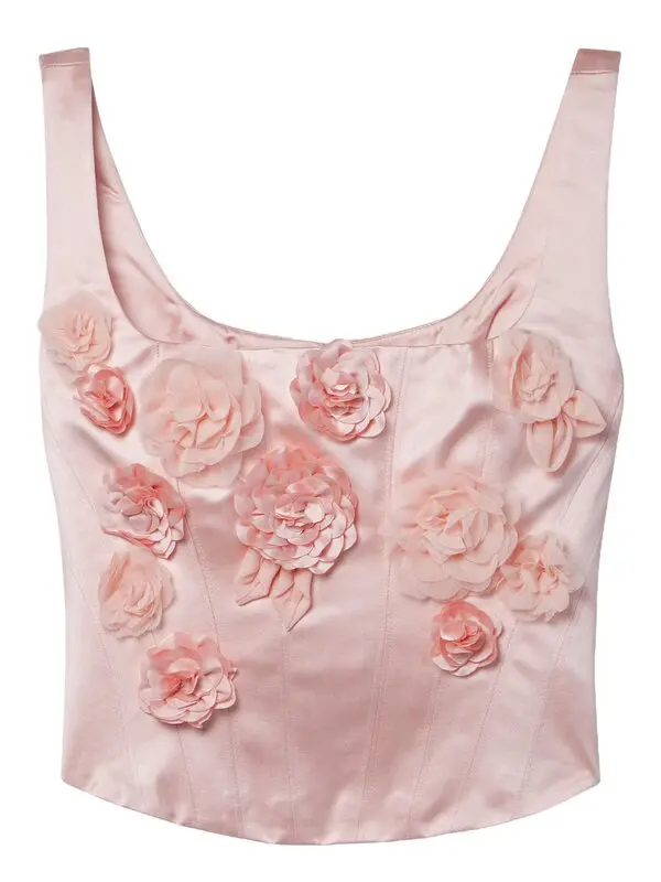 LoveShackFancy Lorelai Cropped Bustier Top With 3d Floral Appliqués - Pink
