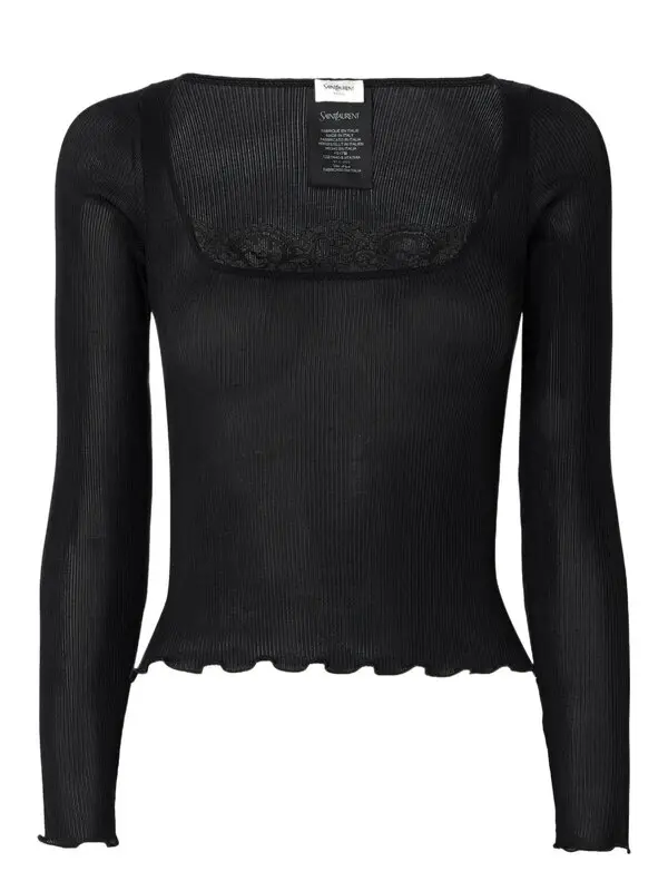 Saint Laurent Long Sleeve Lace Trim Top - Black