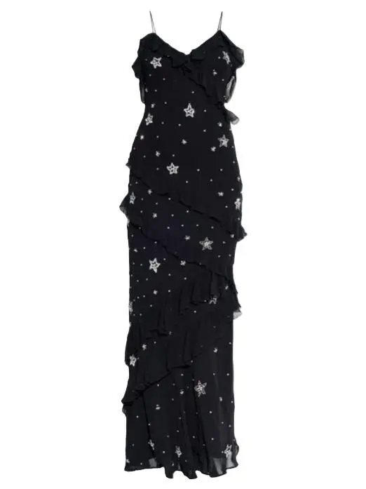LoveShackFancy Rialto Ruffled Maxi Dress With Star Embellishments - Black