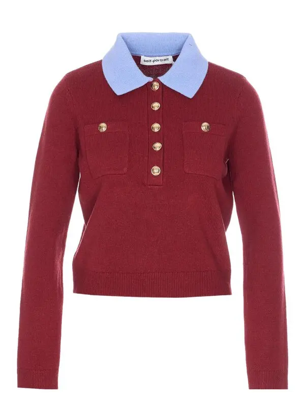 SELF-PORTRAIT Long-sleeved Button-detailed Knit Sweater - Red