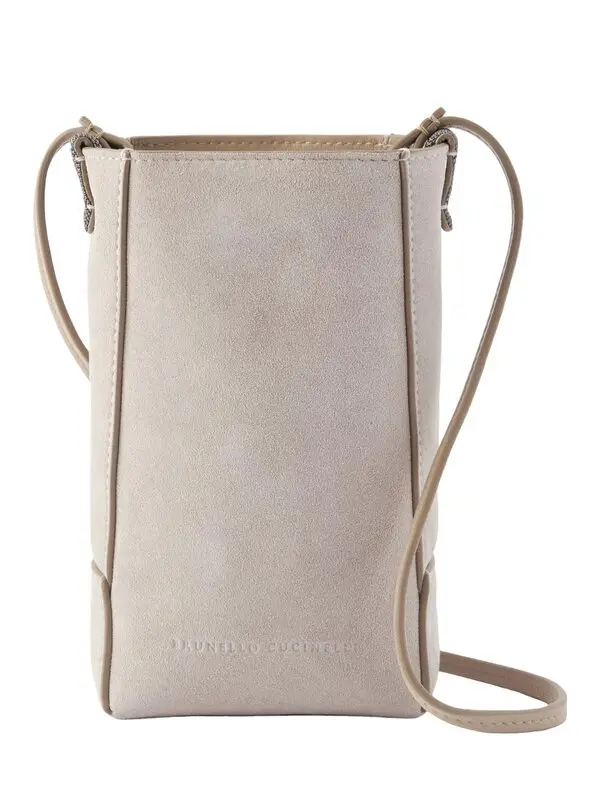 Brunello Cucinelli Embellished Suede Pouch - Light Gray