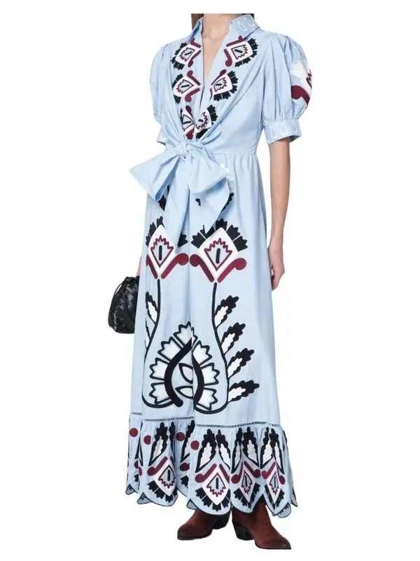 Farm Rio Embroidered V-neck Maxi Dress - Blue
