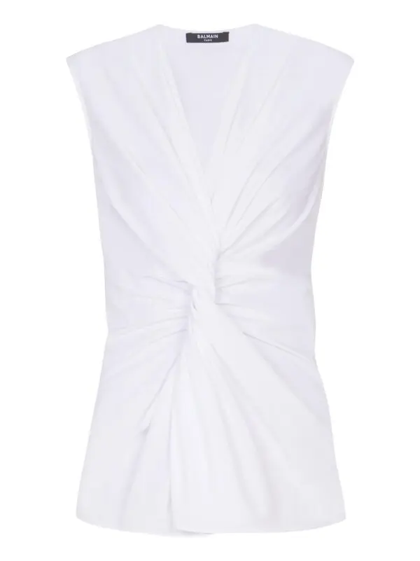 Balmain Draped Front Sleeveless Top - White