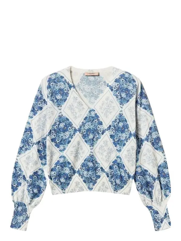 TWINSET Floral Diamond Print V-neck Knitted Sweater - White
