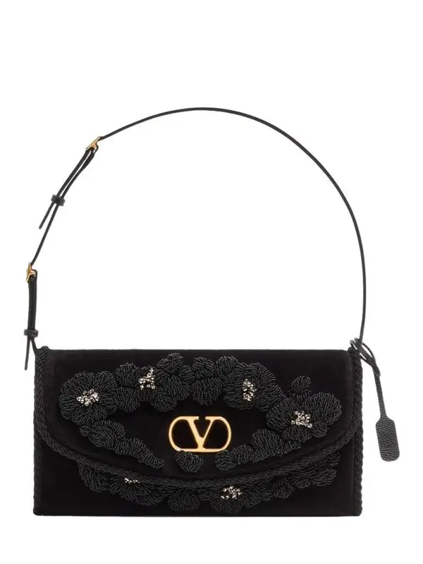 Valentino Garavani Small Embroidered Velvet Shoulder Bag - Black