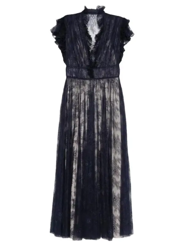 Alberta Ferretti Lace Ruffled V-neck Maxi Dress - Blue