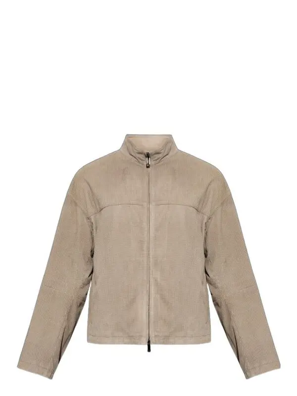 Emporio Armani High Neck Zip-up Suede Jacket - Beige