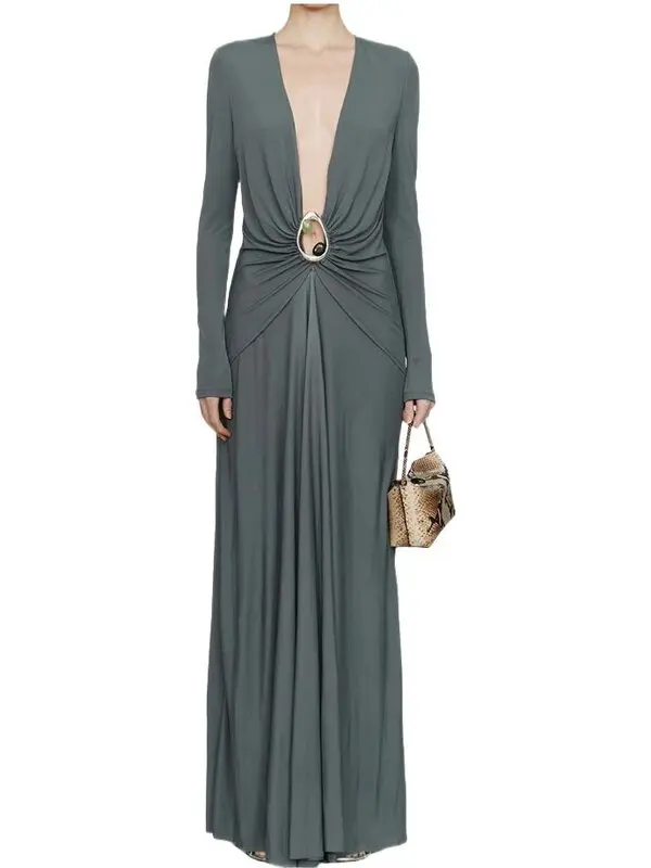 Christopher Esber Embellished Ruched Long Sleeve Maxi Dress - Green