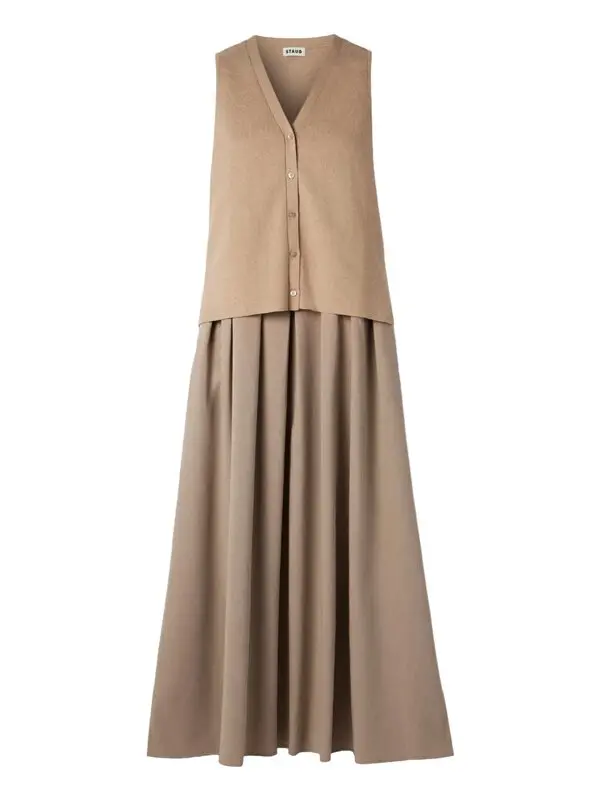 Staud Madeline Dress Patchwork Design With Pleated Skirt - Beige