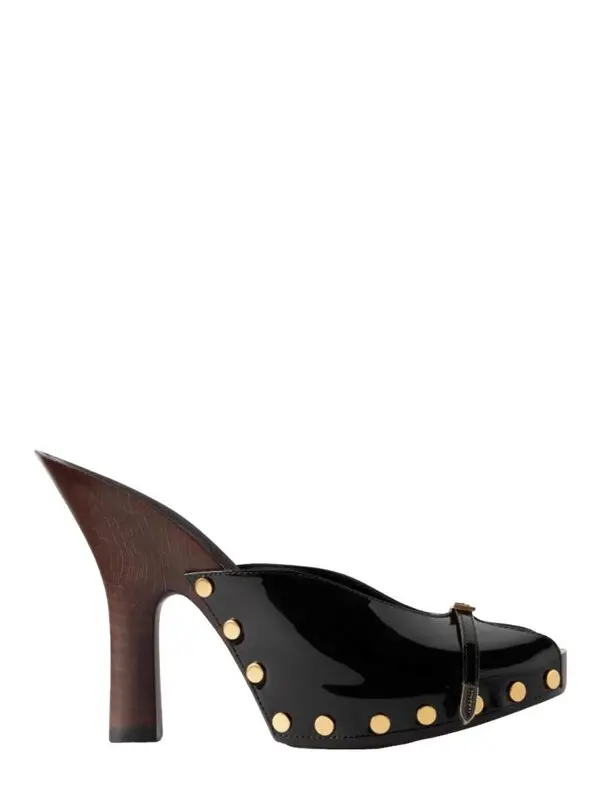 Versace Patent Leather Studded Clogs With Sculpted Wooden Sole - Black