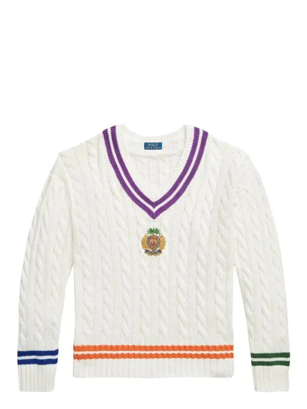 Polo Ralph Lauren Cable Knit V-neck Sweater With Striped Trim - White