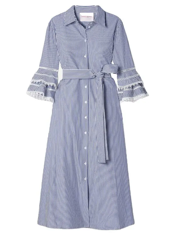 Carolina Herrera Striped Cotton Poplin Bell Sleeve Dress - White