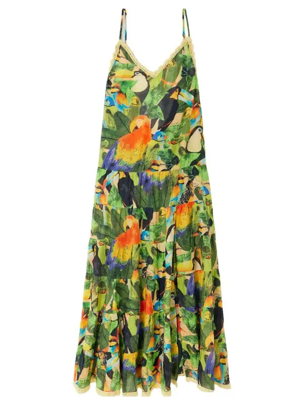 Farm Rio Tropical Print Tiered Maxi Dress With Crochet Trim - Green