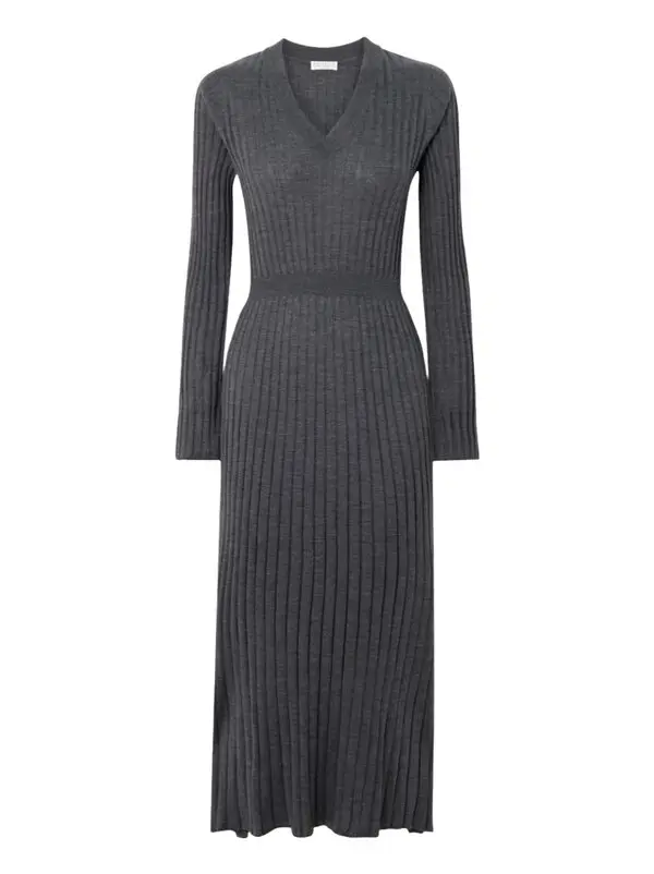 Brunello Cucinelli Long Sleeve V-neck Ribbed Knit Dress - Dark Gray