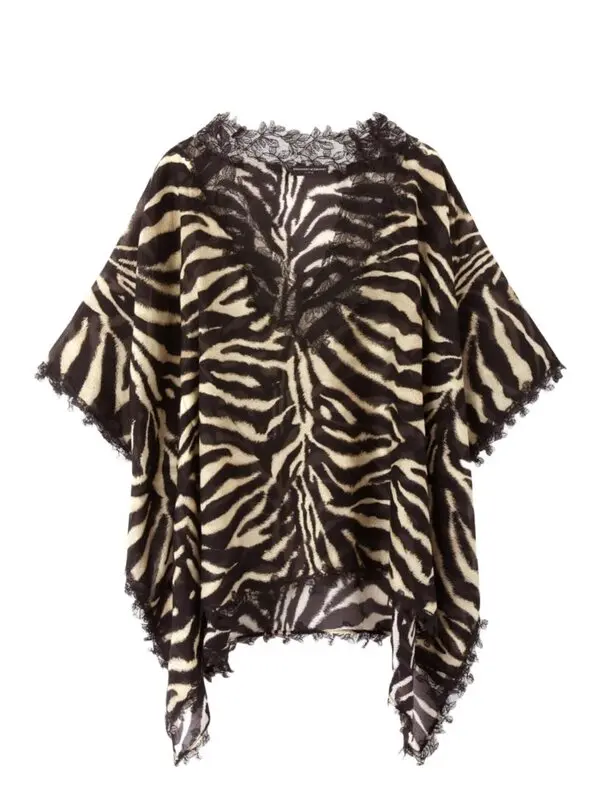 Ermanno Scervino Zebra Print Lace Trim Poncho - Black