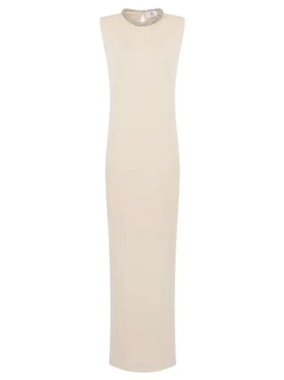 Elisabetta Franchi Embellished Neck Gown Dress - Cream/crystal