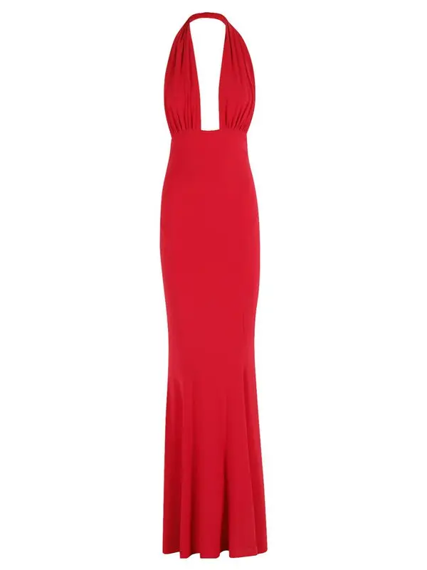 Norma Kamali Cross Halter Fishtail Gown - Tiger Red