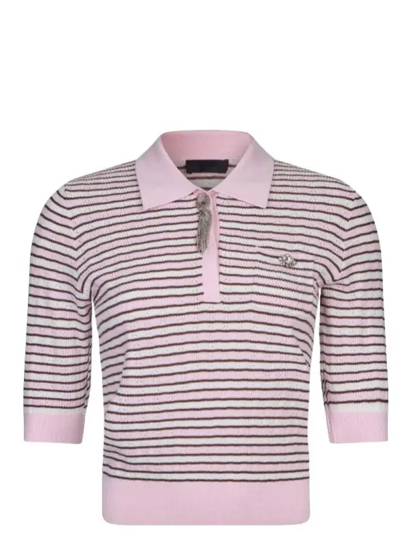 Liu Jo Striped Jewel Brooch Polo Top - Pink