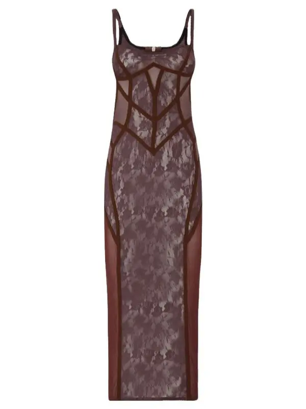 Attico Sleeveless Lace-panelled Midi Dress - Brown