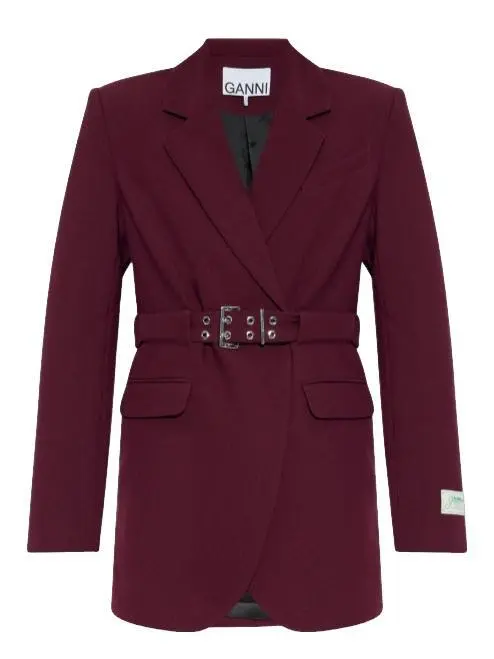 GANNI Belted Waist Blazer - Burgundy Red