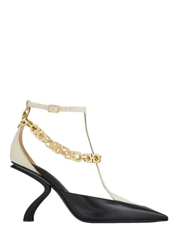 FERRAGAMO S-shaped Heel Pumps With Gancini Chain - Dark Chocolate/mascarpine Cheese