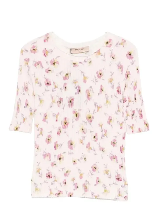 TWINSET Floral Print Ribbed Knit T-shirt - White
