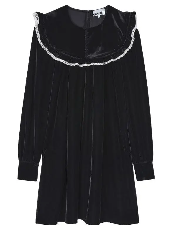 GANNI Velvet Mini Dress With Lace Trim - Black