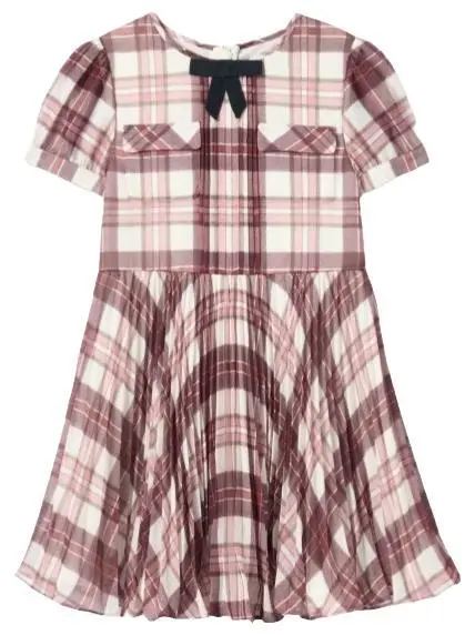 SELF-PORTRAIT Plaid Pleated Skater Dress With Bow Detail - Nude