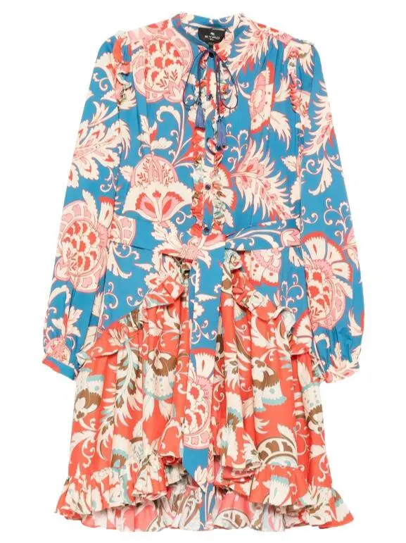Etro Floral Ruffled Mini Dress - Light Blue/orange