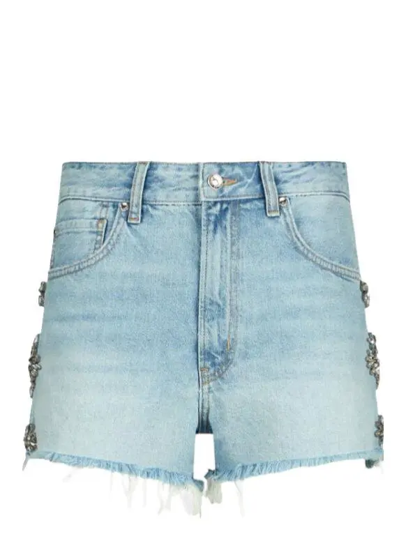 Liu Jo Embellished Fringed Denim Shorts - Blue