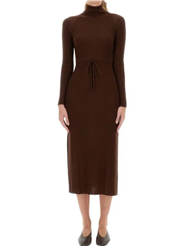 A.p.c. Marianna Ribbed Knit Long Sleeve High Neck Dress With Drawstring Waist - Brown