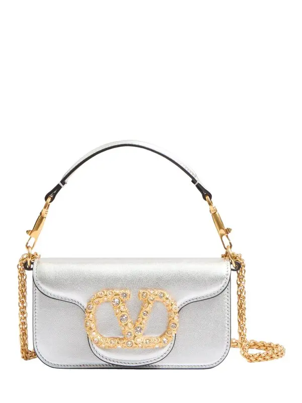 Valentino Garavani Locò Small Shoulder Bag In Laminated Calfskin With Jewel Logo - Silver