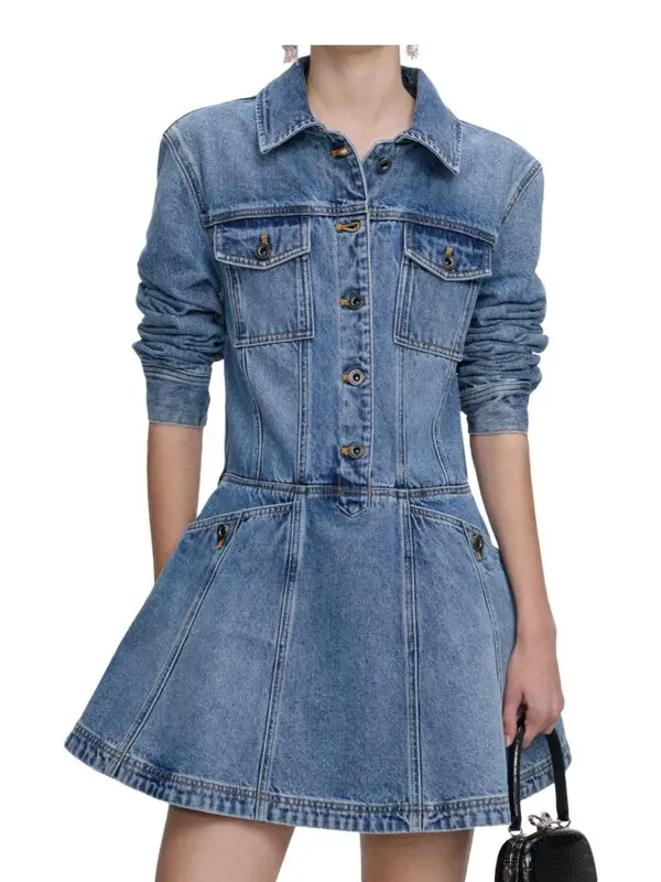 SELF-PORTRAIT Buttoned Denim Pocket Dress - Blue