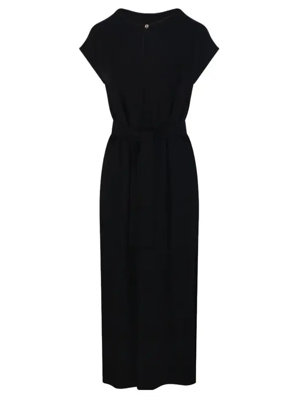 Max Mara Belted Midi Dress With Crew Neck And Short Sleeves - Black