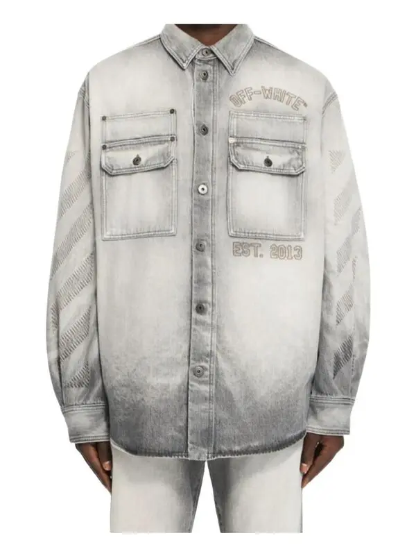 Off-White Diagonal Embroidered Denim Shirt Jacket - Sun-faded Grey