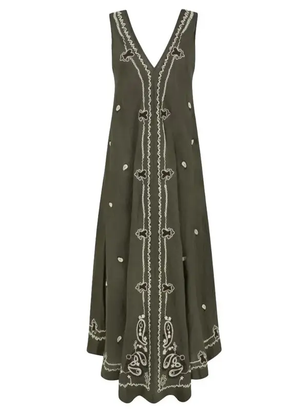 P.a.r.o.s.h Embroidered V-neck Sleeveless Maxi Dress - Green