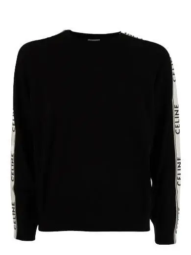 Celine Crewneck Sweater In Cotton With Patterned Detail - Black