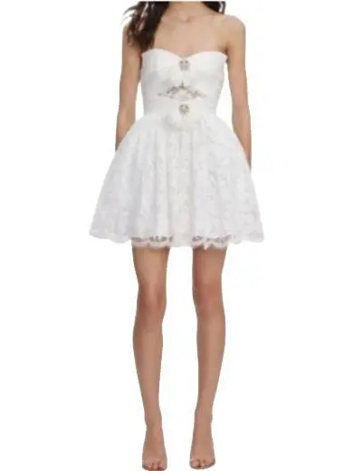 SELF-PORTRAIT Lace Trimmed Bow Detail Mini Dress - White