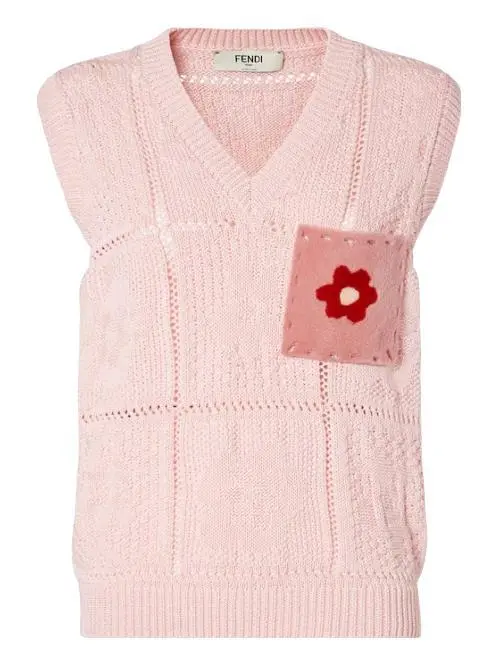 Fendi Crocheted Cotton V-neck Gilet With Flower Appliqu - Pink
