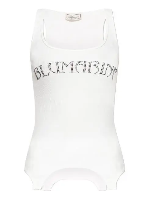 Blumarine Rhinestone Embellished Ribbed Tank Top - White