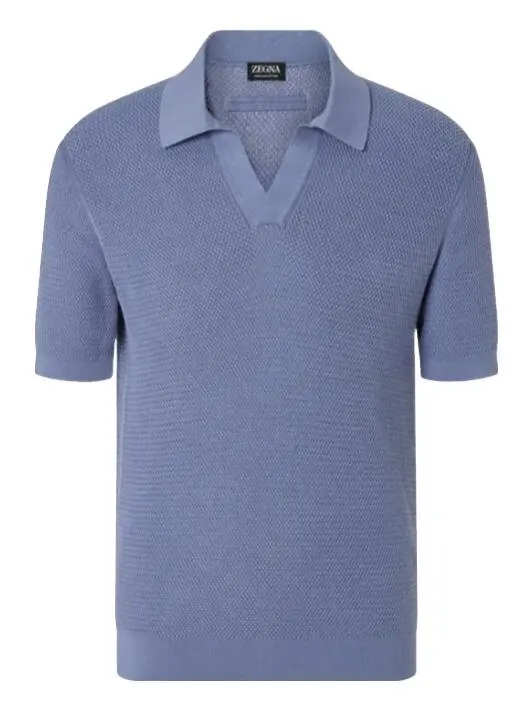 Zegna Jacquard Knit Buttonless Polo Shirt - Blue