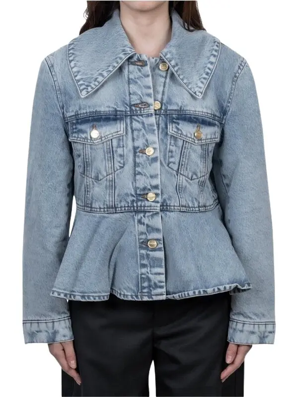 GANNI Collared Long-sleeved Denim Jacket With Peplum Detail - Blue