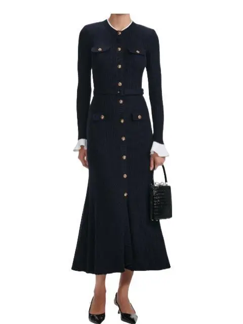 SELF-PORTRAIT Belted Knitted Midi Dress - Navy Blue