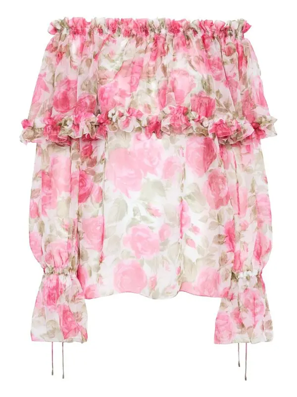 Chloé Off-the-shoulder Ruffled Floral Silk Blouse - Pink