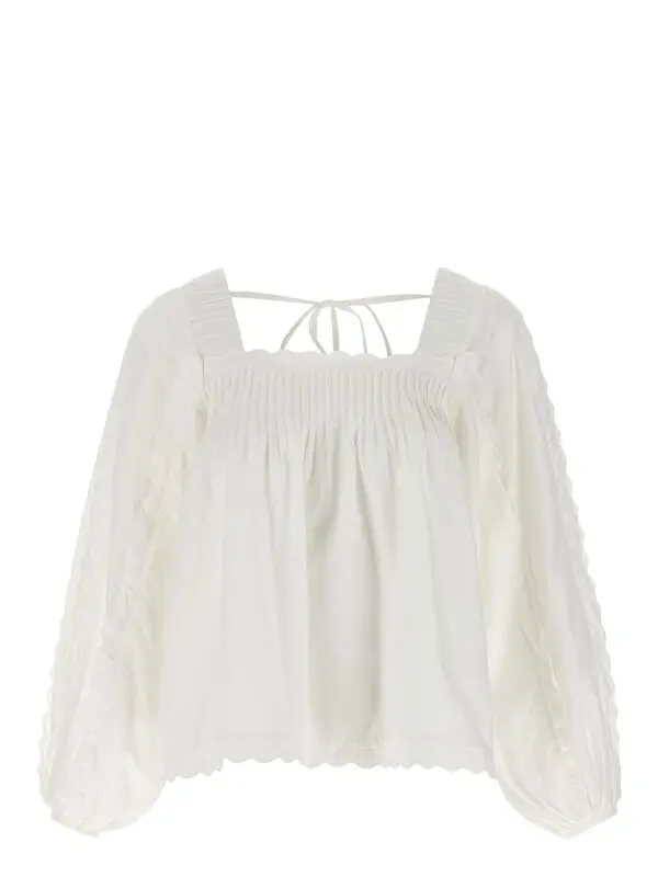 Farm Rio Smocked Sleeve Cotton Top - White