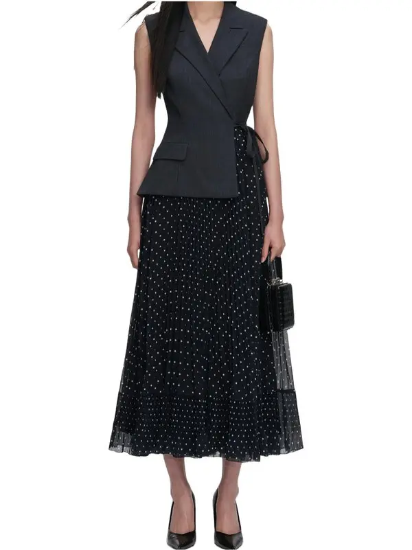 SELF-PORTRAIT Scalloped Midi Dress With Button Detail - Grey