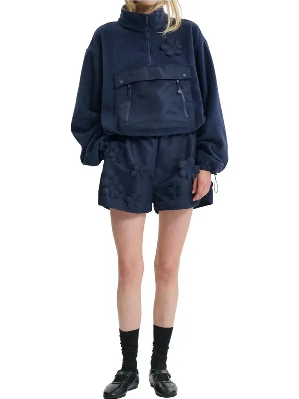 Cecilie Bahnsen High Neck Fleece Jacket With Floral Embellishment - Navy Blue
