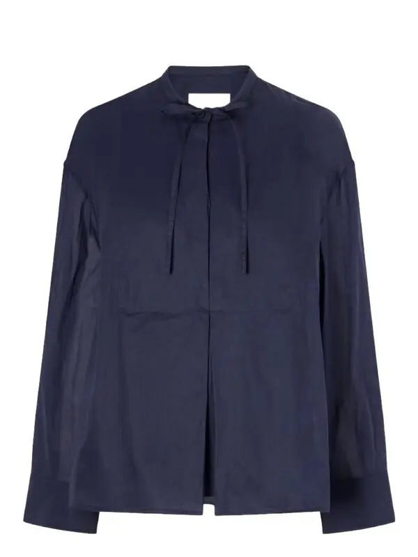 JIL SANDER Cotton Organdy Shirt With High Neck And Front Tie Detail - Navy