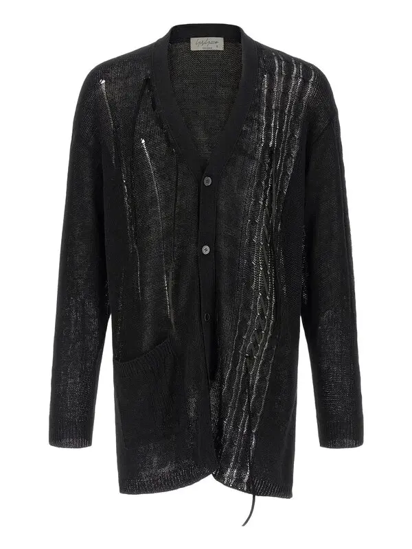Yohji Yamamoto Lace-up Oversized Distressed Cardigan - Black